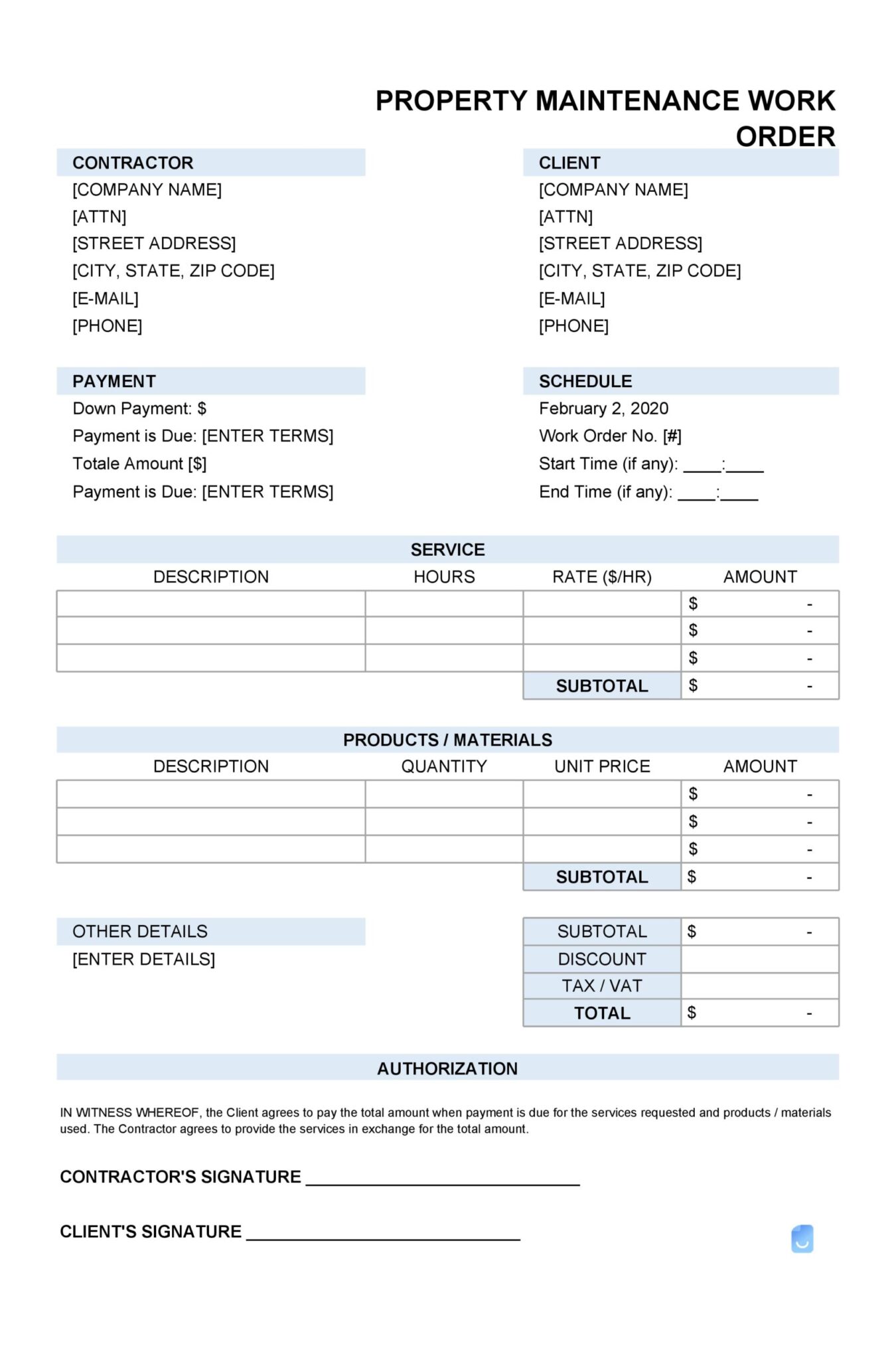 Free Printable Work Order Form
