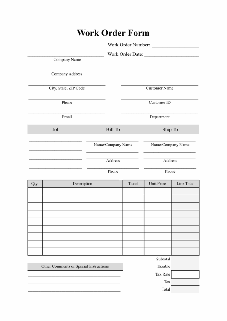 Free Printable Work Order Form