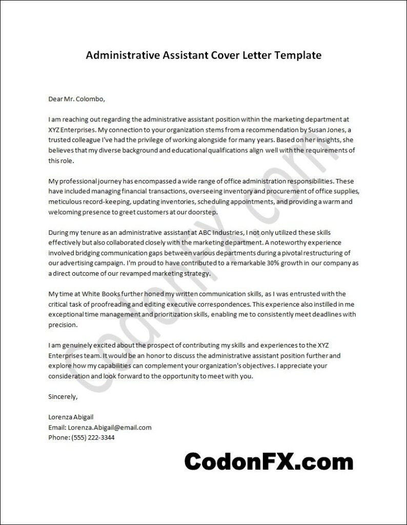 Administrative Assistant Cover Letter Template