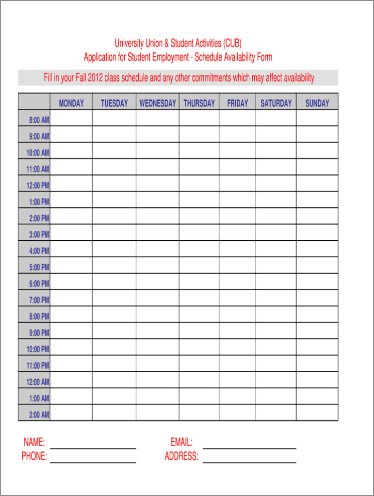 Free Printable Availability Schedule Template