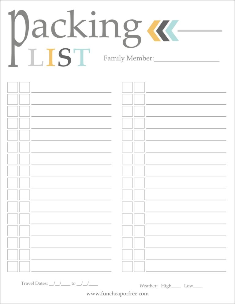 Printable Blank Vacation Packing List Template