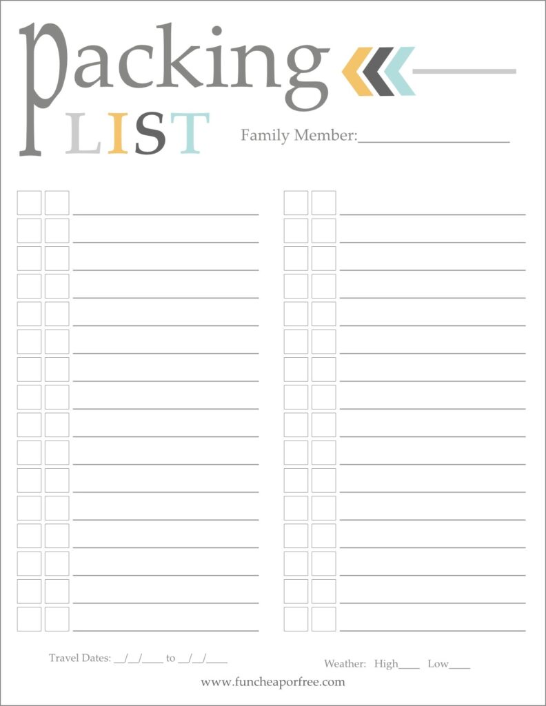 Printable Blank Vacation Packing List Template