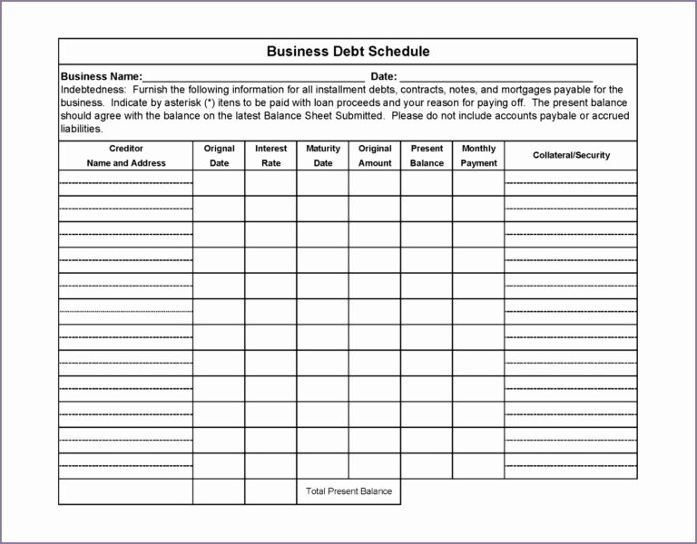 Free Printable Business Debt Schedule Template