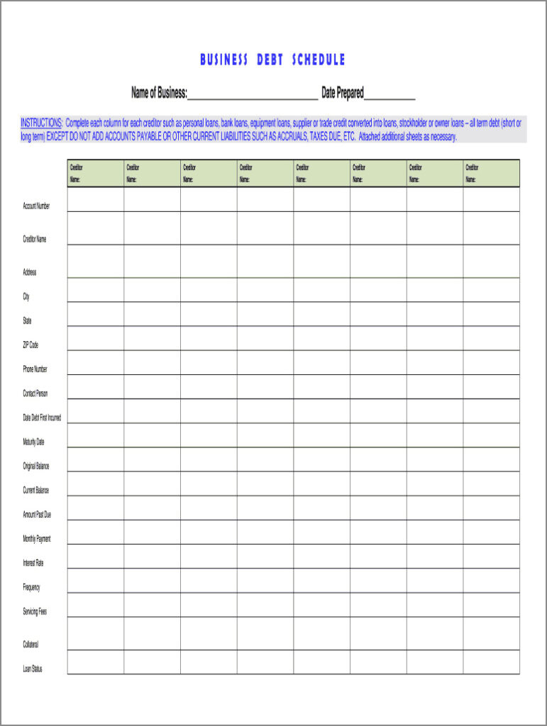 Free Printable Business Debt Schedule Template