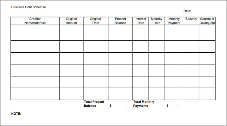 Free Printable Business Debt Schedule Template