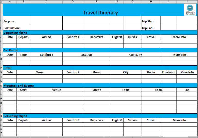 Printable Business Travel Itinerary Template