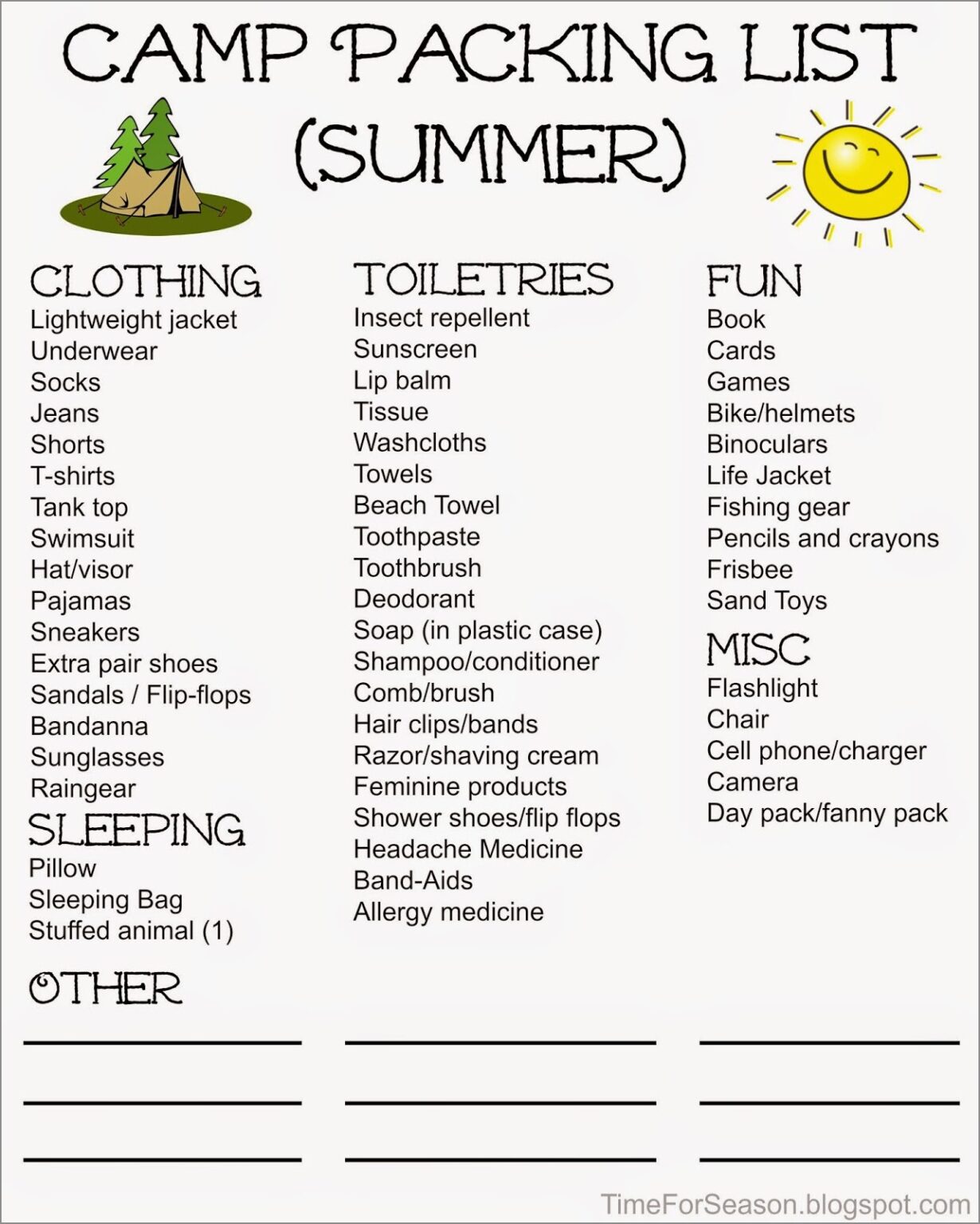 Free Printable Camp Packing List Template