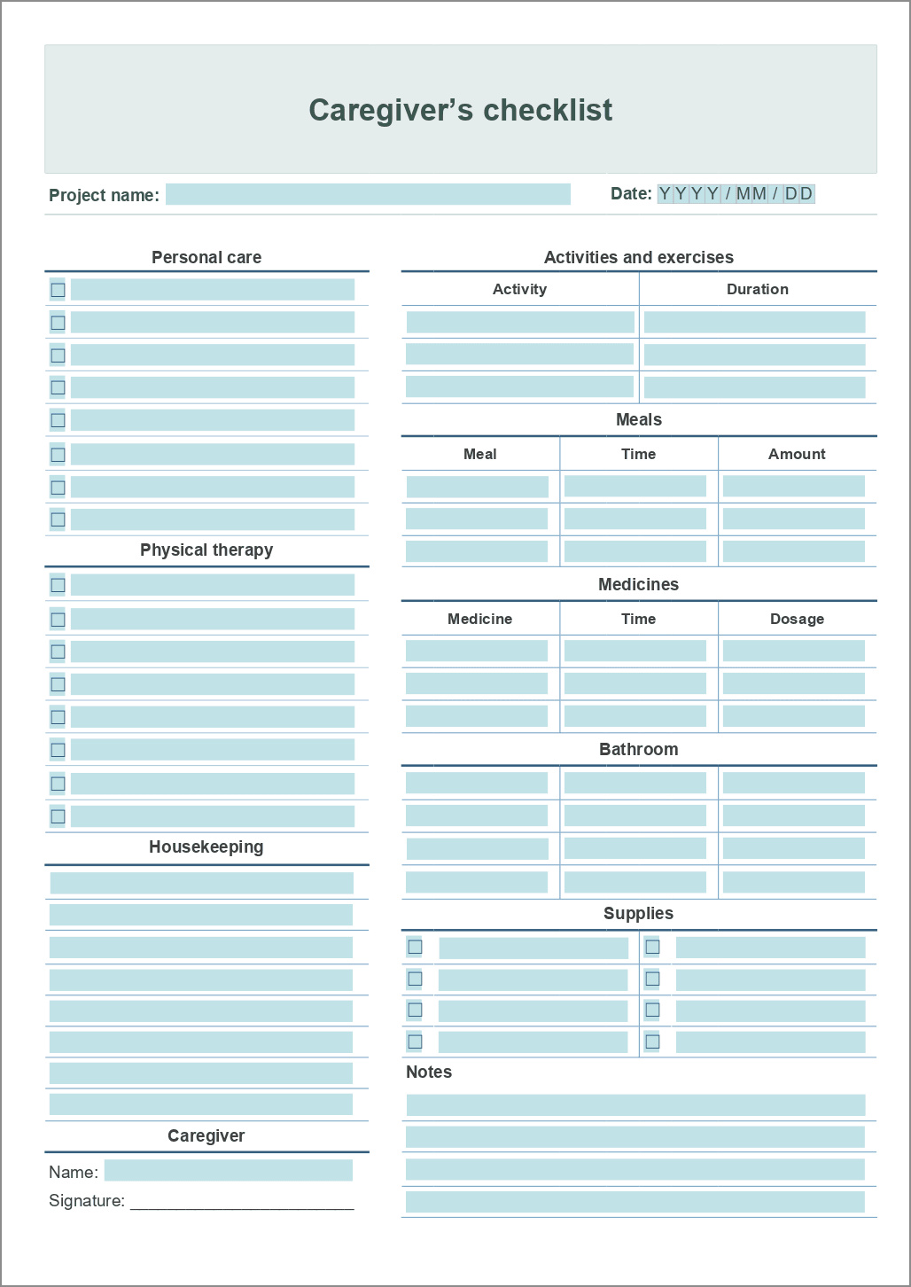 Printable Caregiver Daily Checklist Template Printable Caregiver Daily Checklist Template
