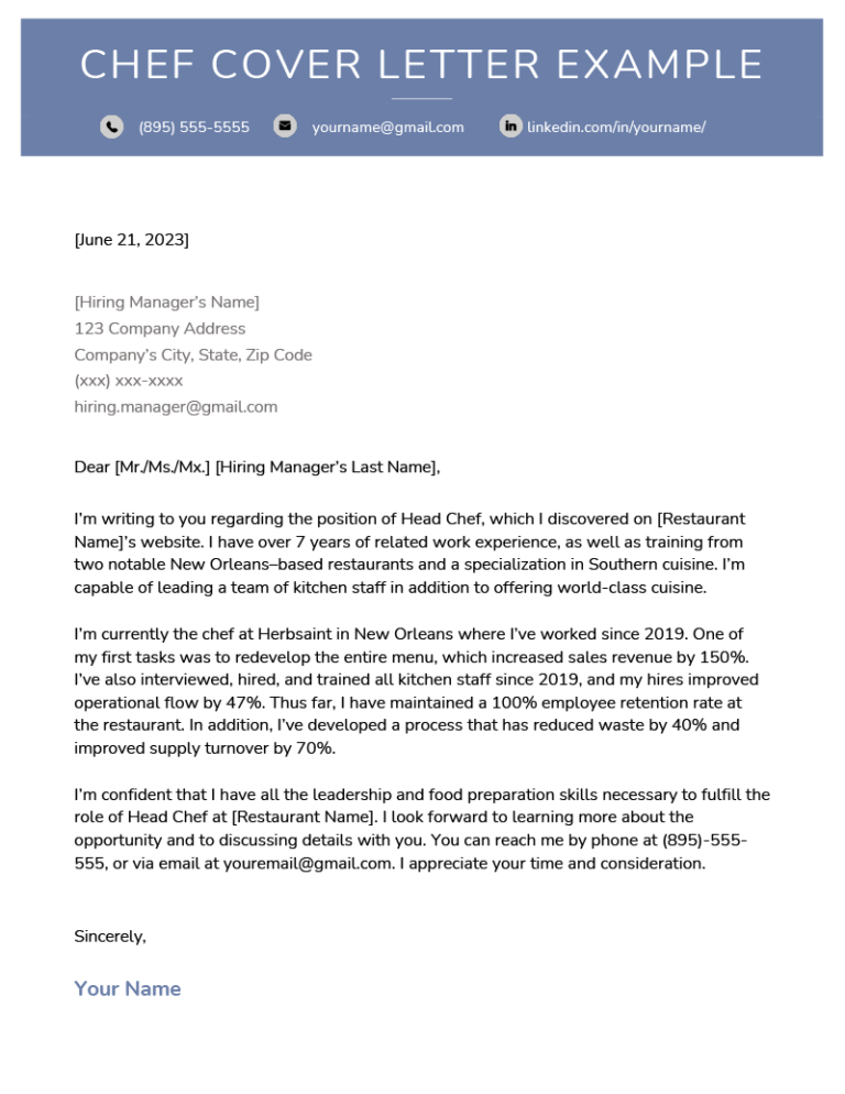 Free Printable Chef Cover Letter Template