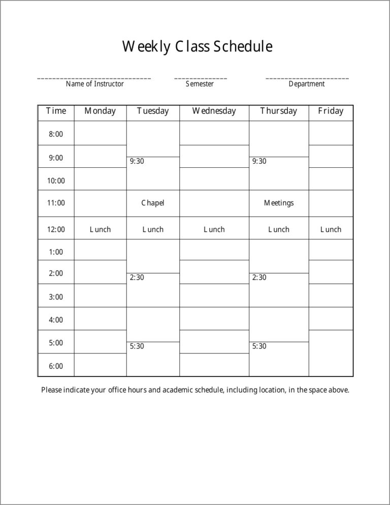 Printable Class Weekly Schedule Template