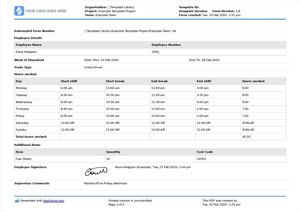 Free Printable Construction Timesheet Template