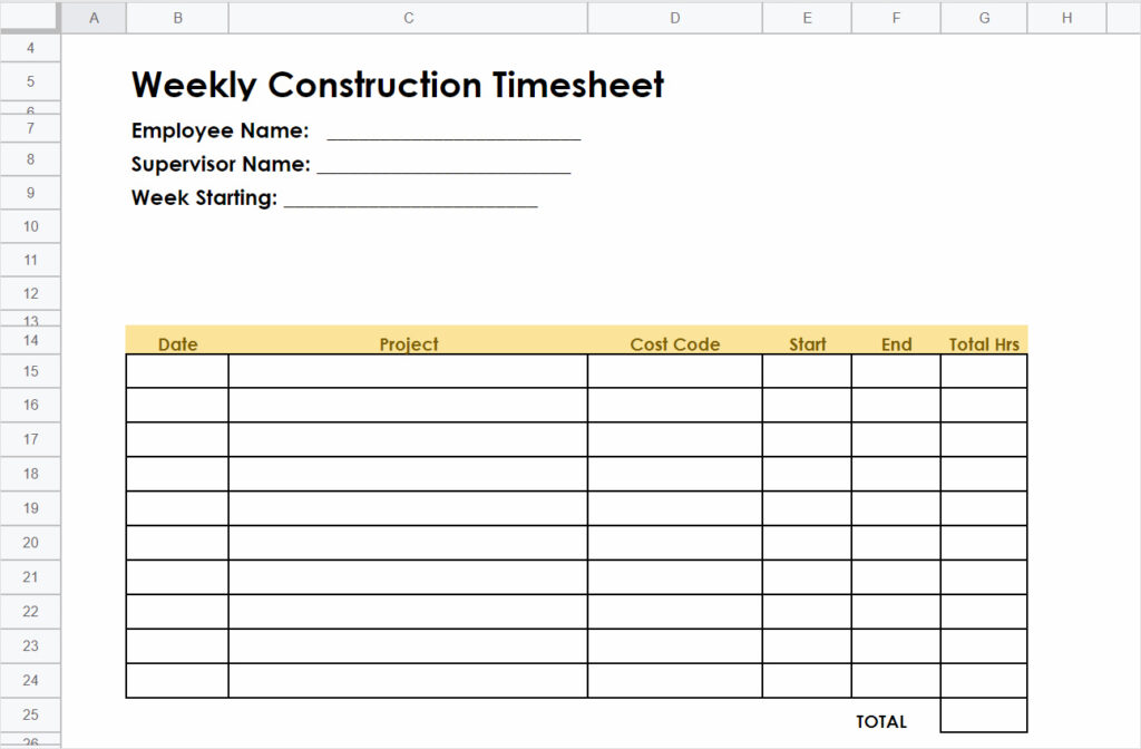 Printable Construction Weekly Timesheet Template
