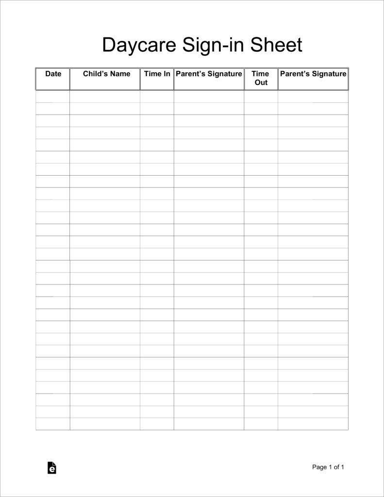 Printable Blank Daycare Sign-In Sheet Template