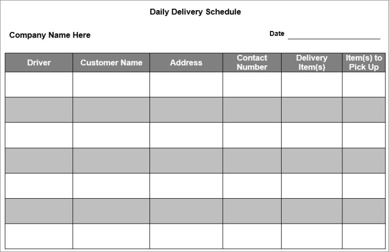 Printable Delivery Schedule Template