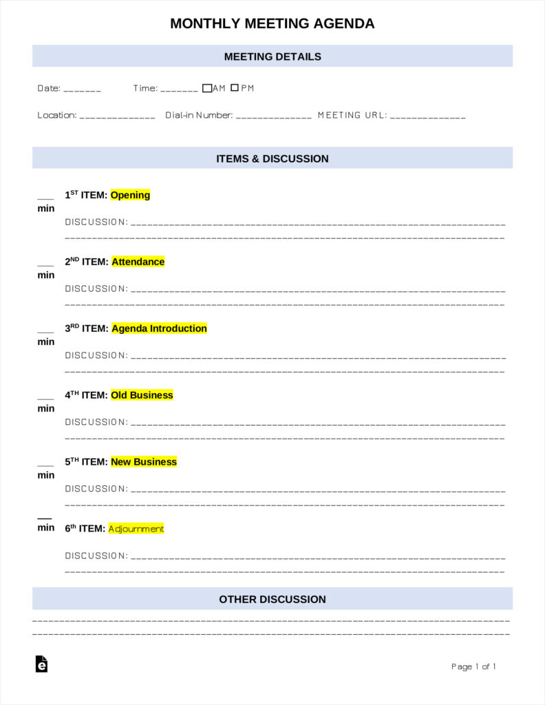 Free Printable Employee Meeting Agenda Template