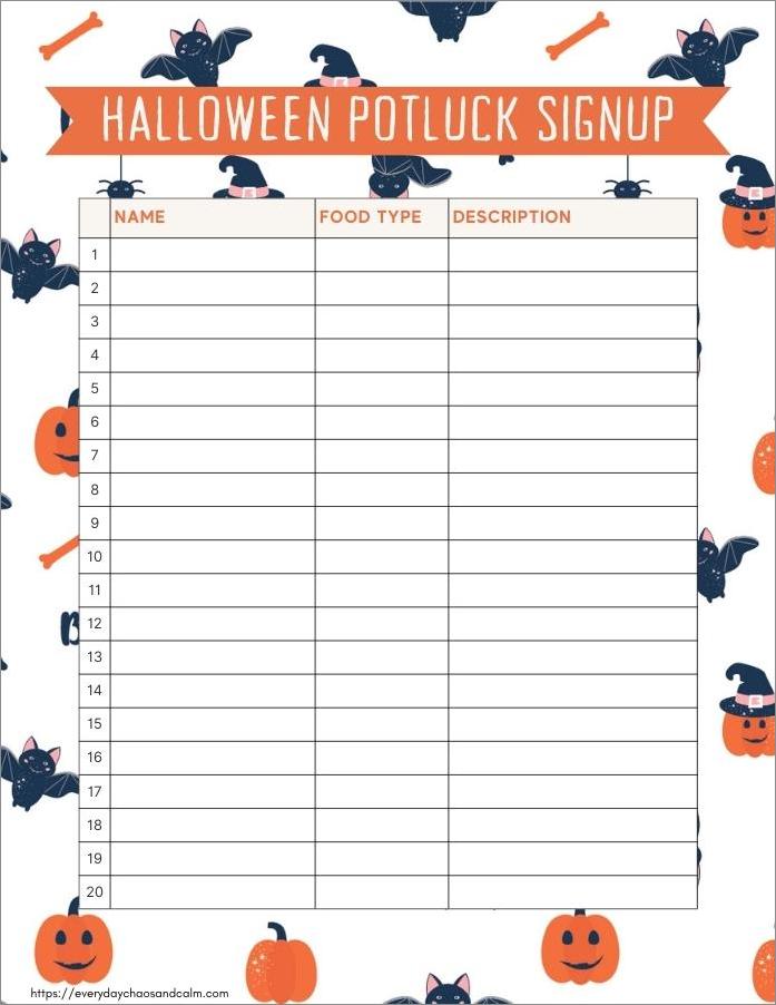 Halloween Potluck Sign up Sheet Template