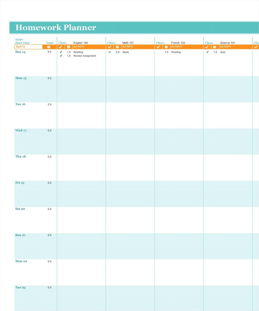 Printable Homework Planner Template For Students