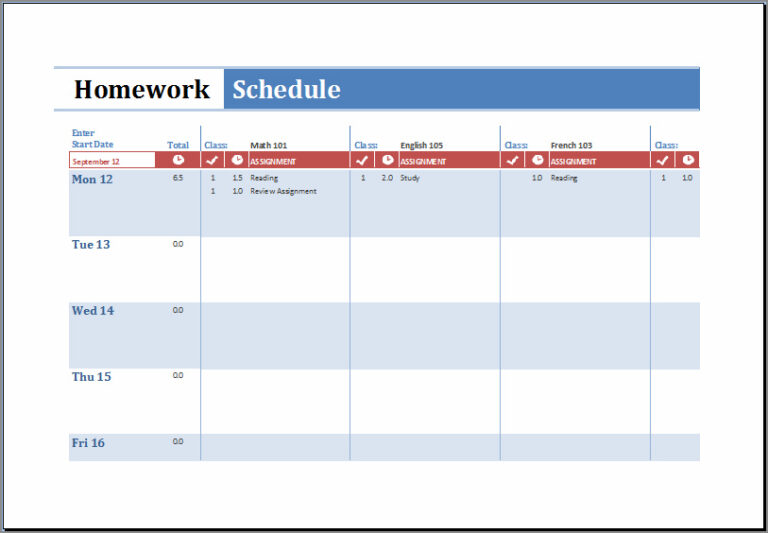 Free Printable Homework Schedule Template
