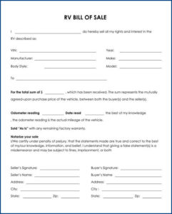 Recreational Vehicle Bill of Sale Template (Ready To Use)