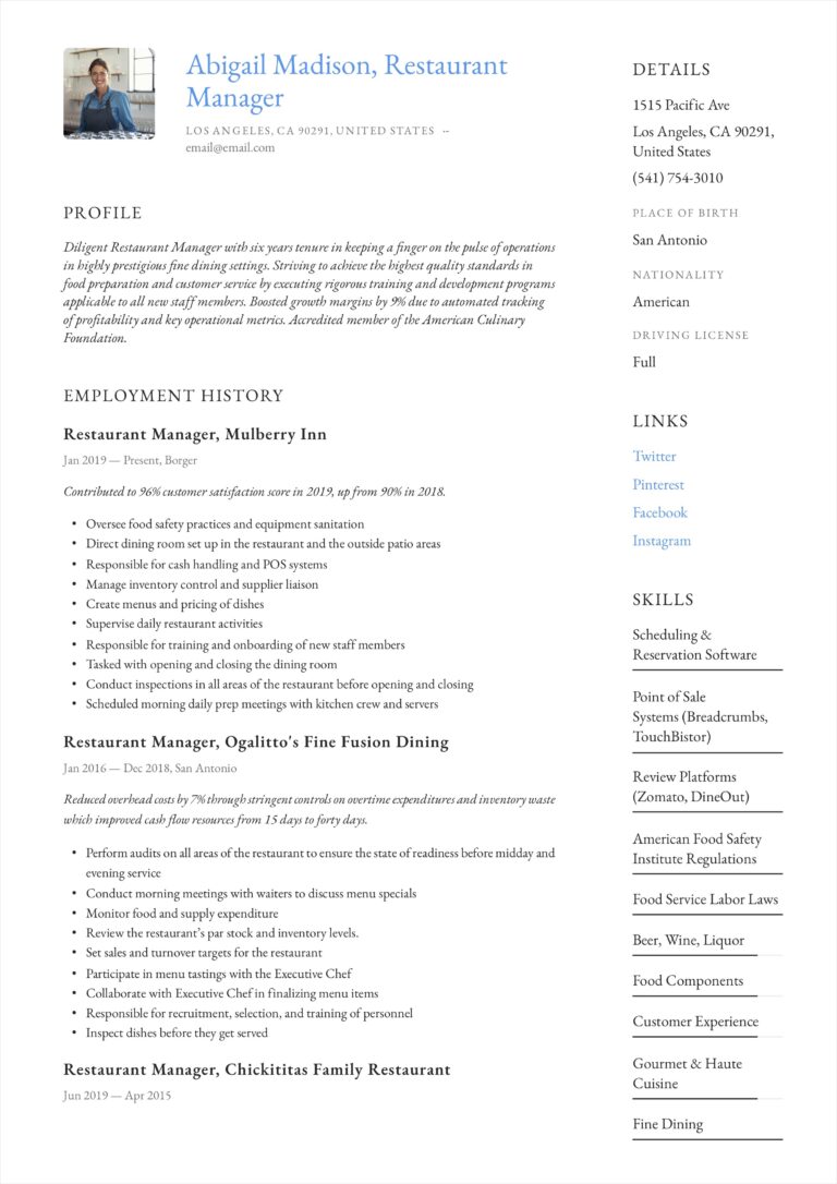 Free Printable Restaurant Resume Template