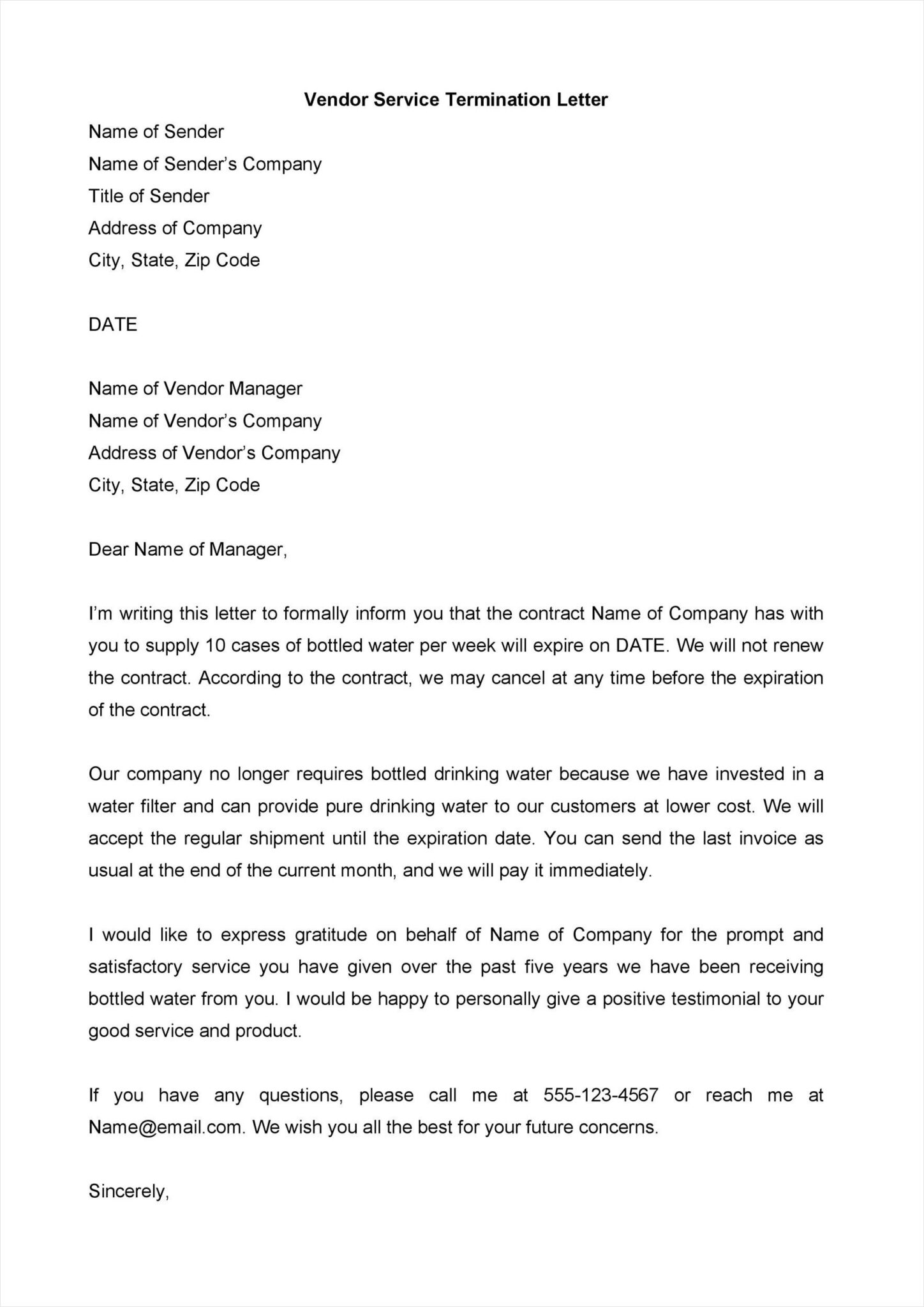 Free Printable Supplier Termination Letter Template