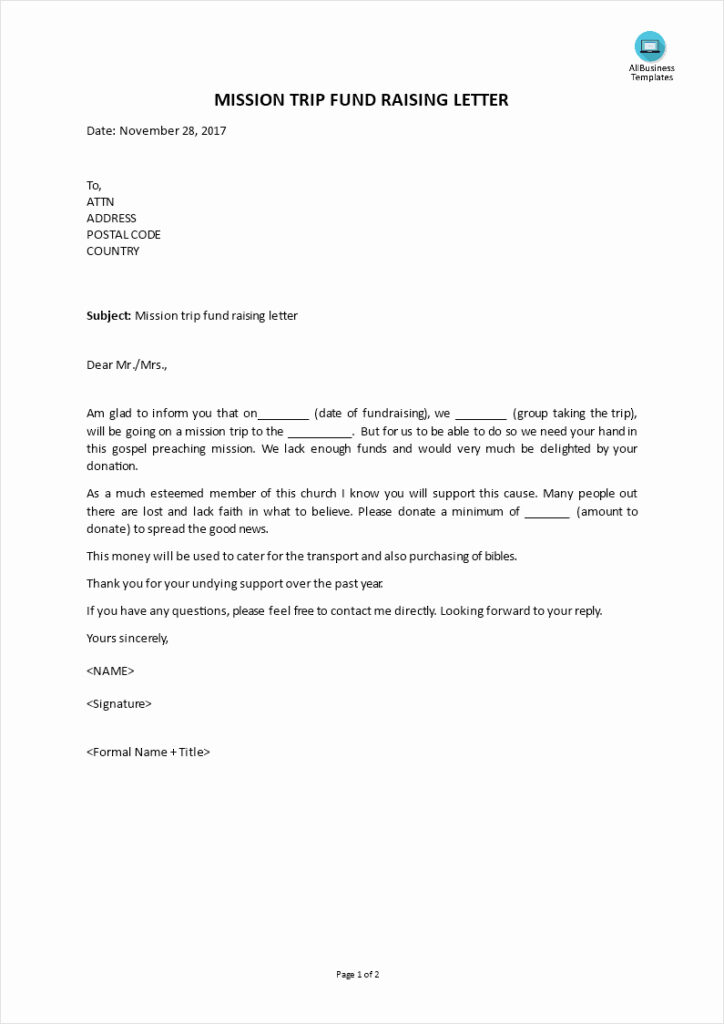Printable Support Letter Template For Missions Trip