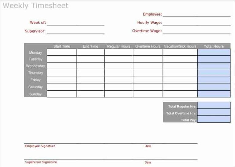 Printable Timesheet Template For Small Business