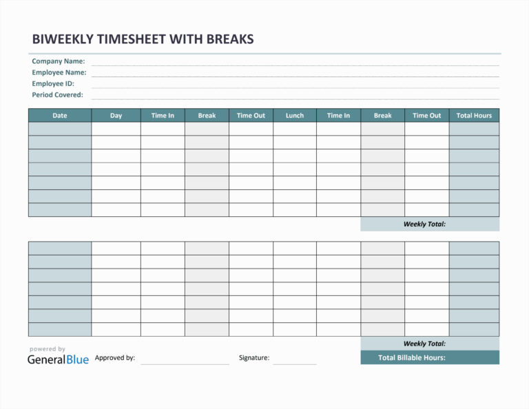 Printable Timesheet Template With Lunch Break