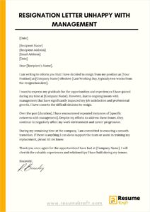 Unhappy Resignation Letter Template Due To Poor Management