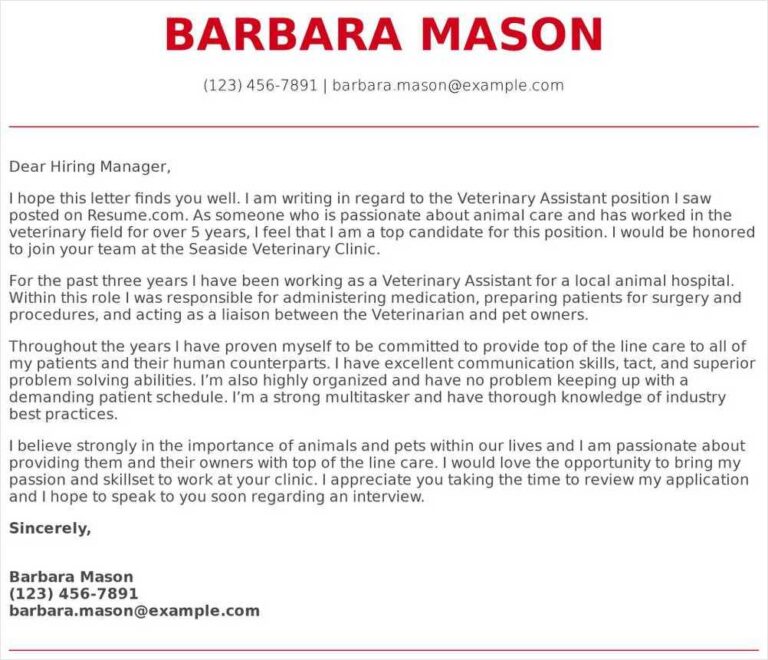 Free Printable Vet Assistant Cover Letter Template