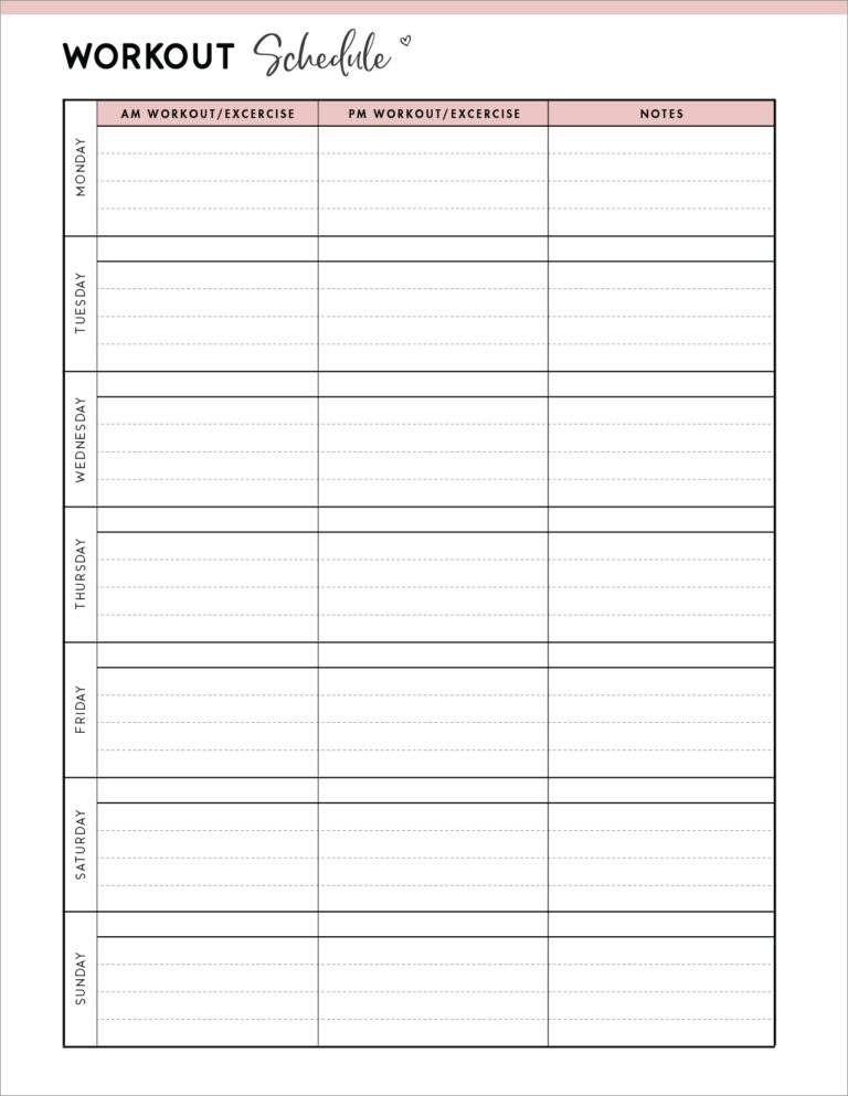 Free Printable Exercise Schedule Template