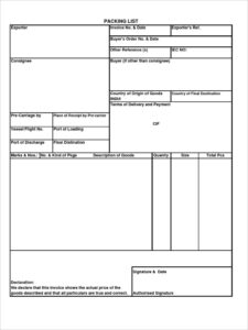 Printable Export Packing List Template