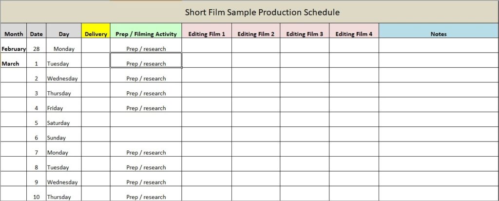 Printable Film Schedule Template