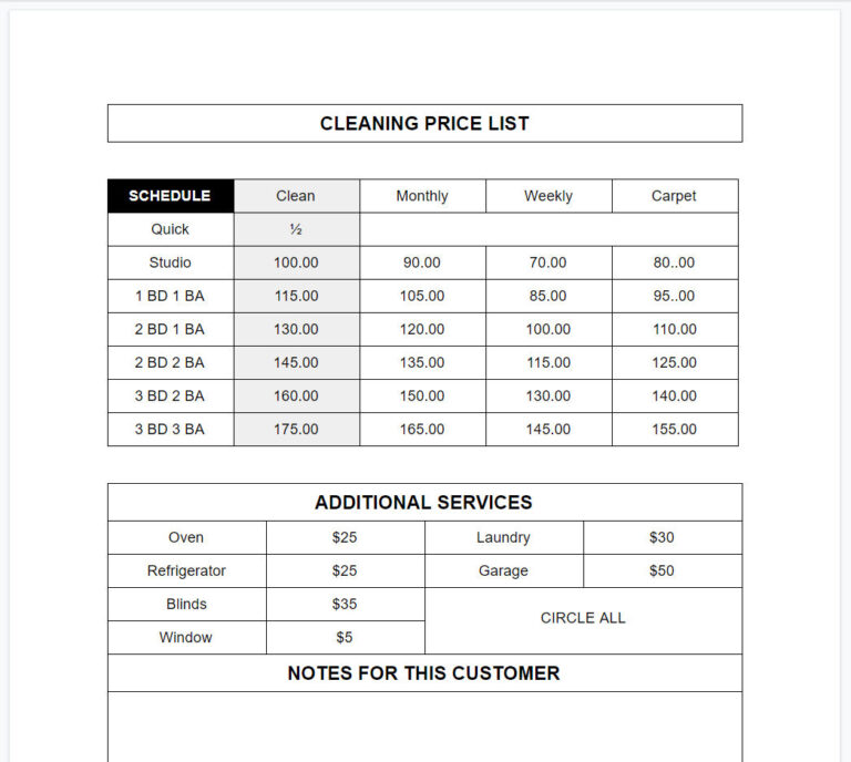 Cleaning Service Price List Template (Ready To Use)