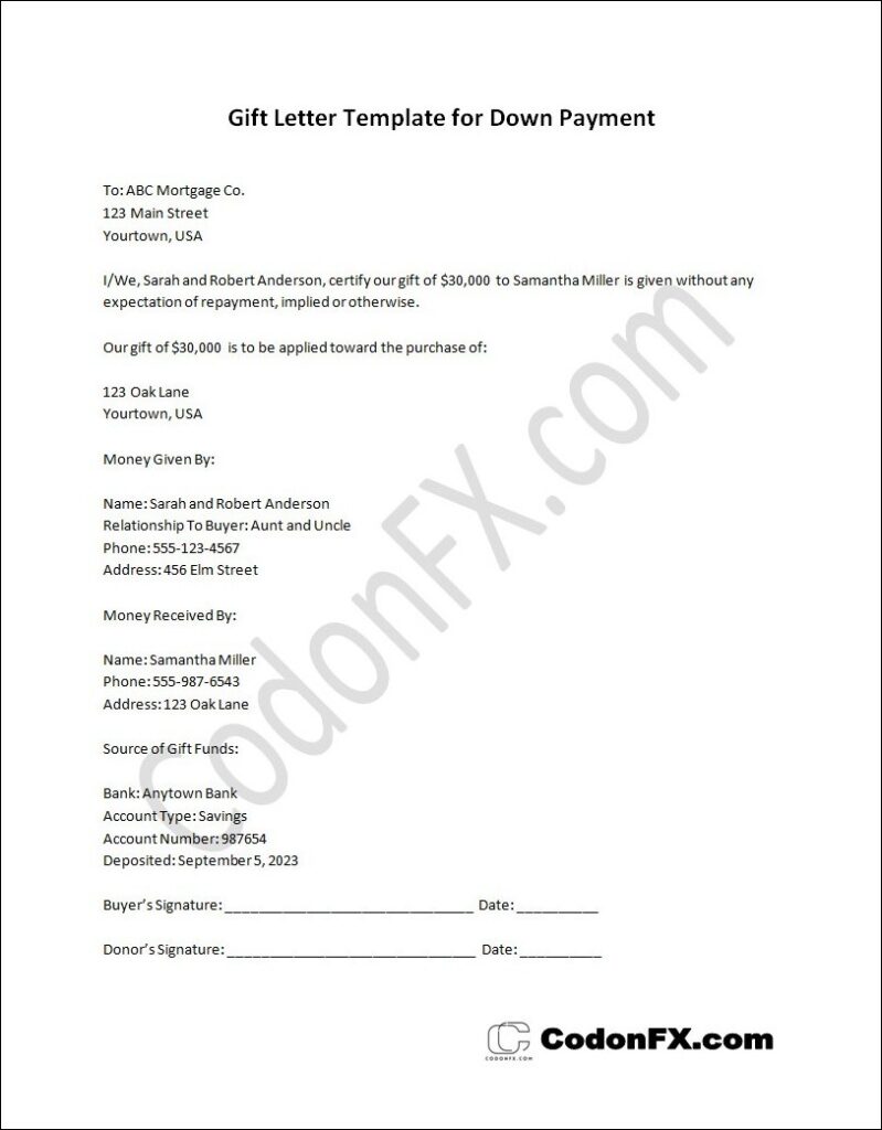 Gift Letter Template for Down Payment (Free Sample)