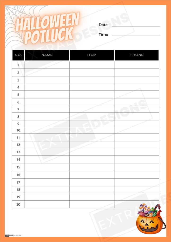Halloween Potluck Sign-up Sheet Template