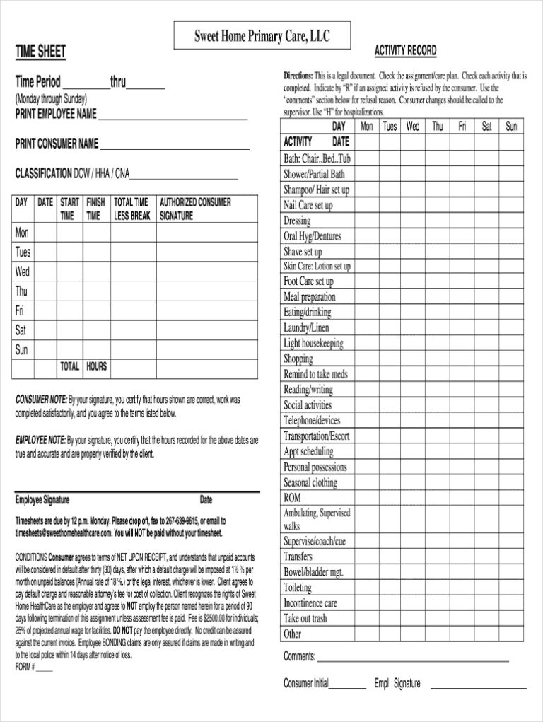 Printable Home Health Aide Timesheet Template