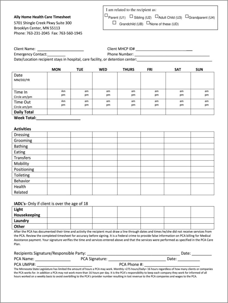 Printable Home Health Care Timesheet Template