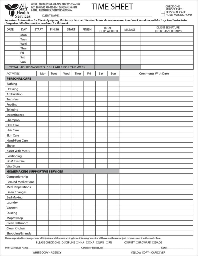 Printable Home Health Care Timesheet Template