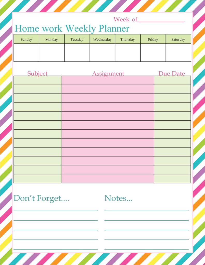 Free Printable Homework Planner Template