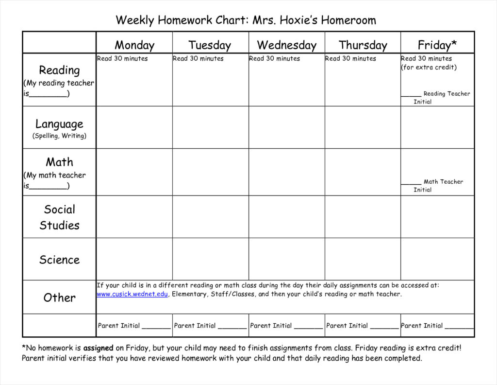 Printable Homework Planner Template For Students