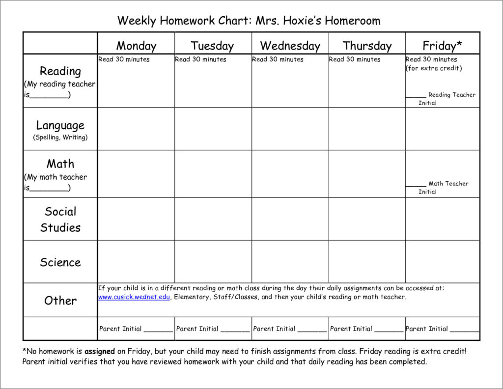 Free Printable Homework Schedule Template