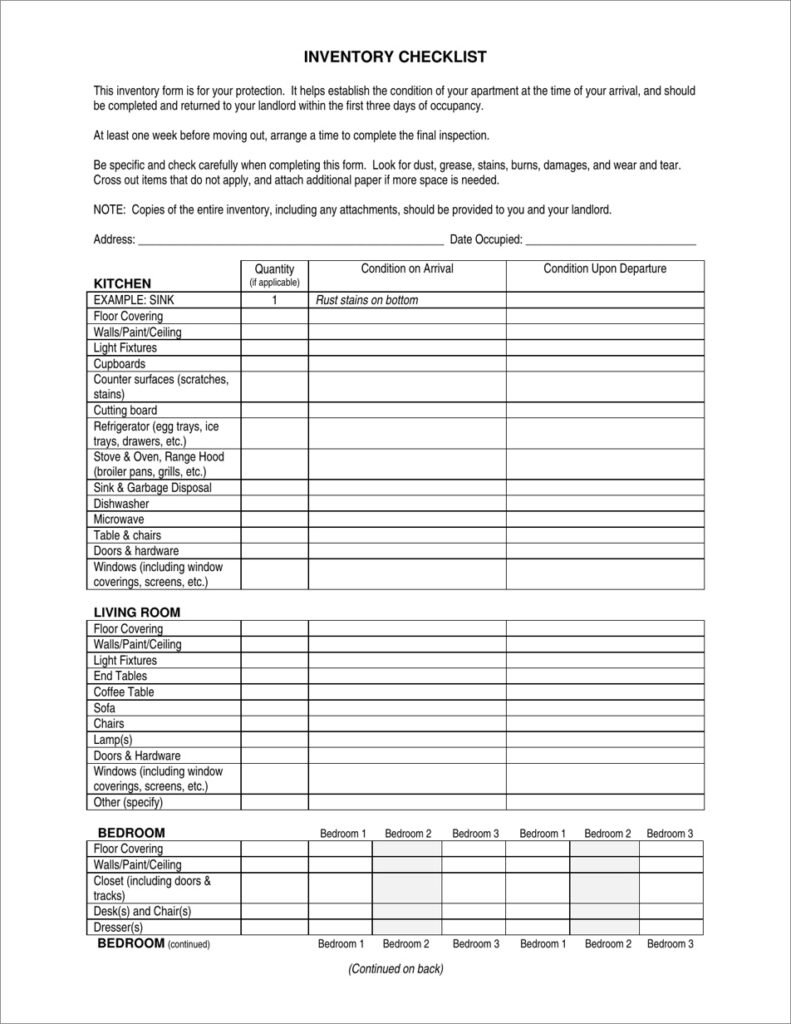 Printable Inventory Checklist Template