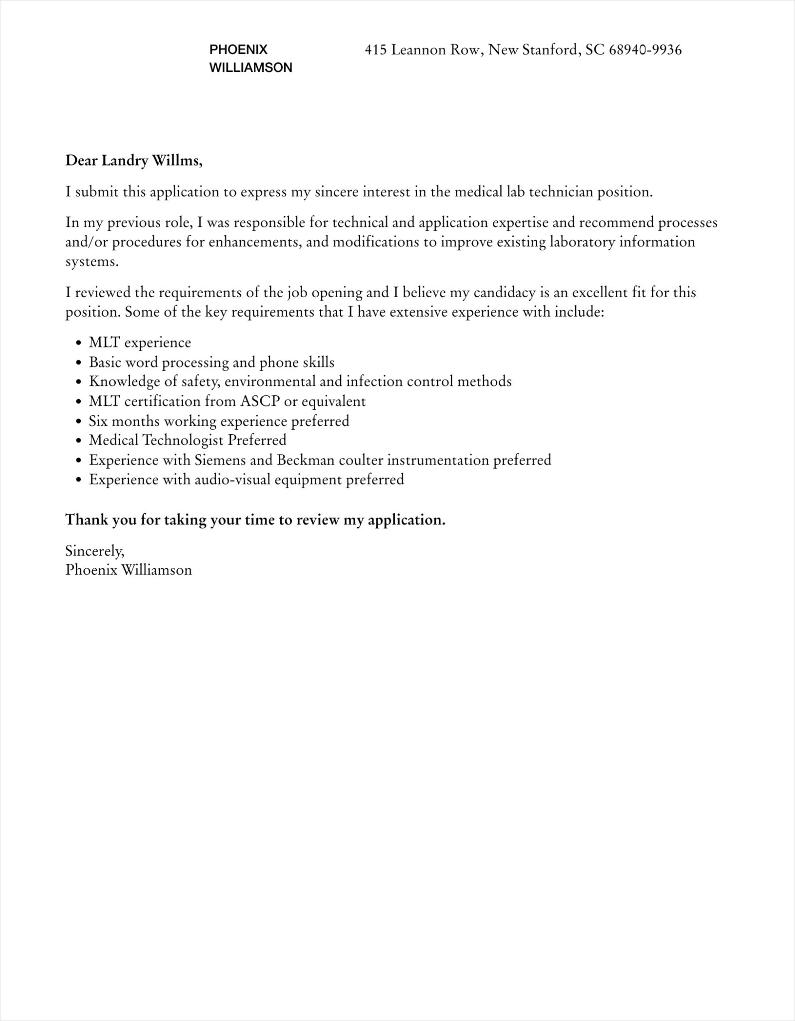 Free Printable Lab Technician Cover Letter Template