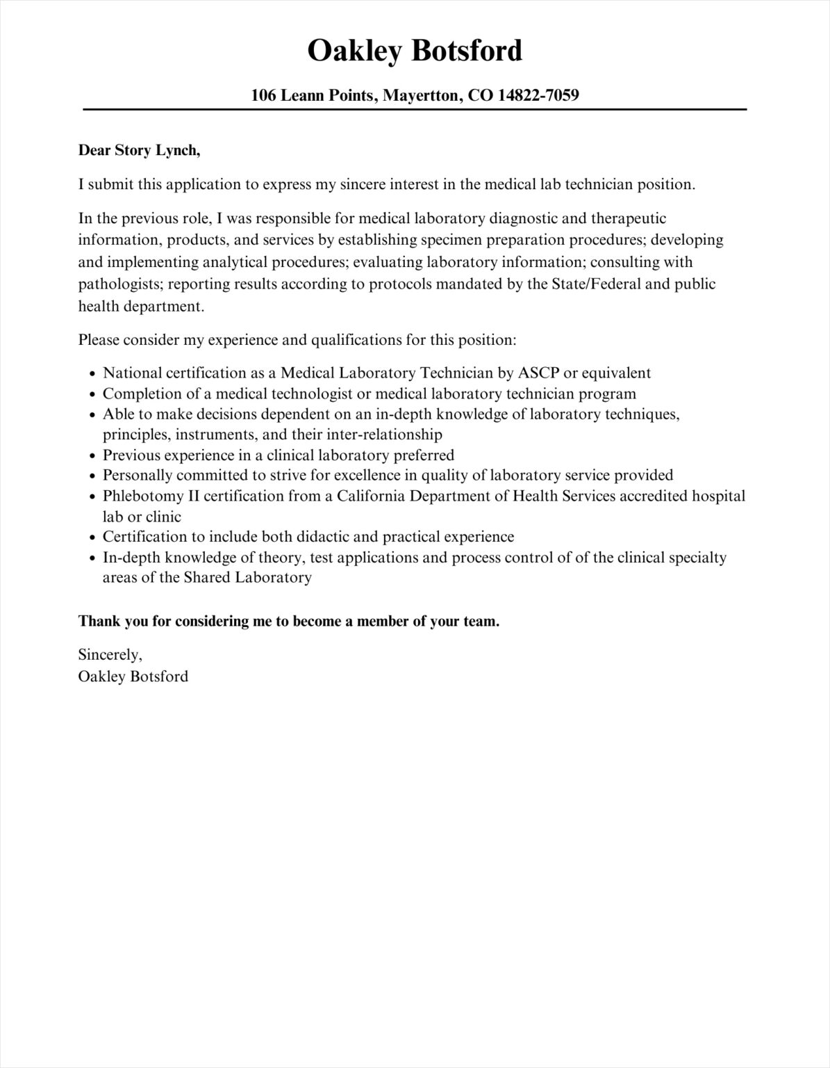 Free Printable Lab Technician Cover Letter Template