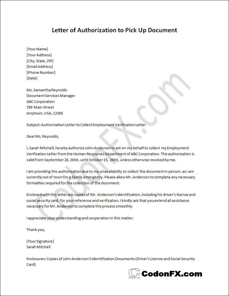 Letter of Authorization to Pick Up Document