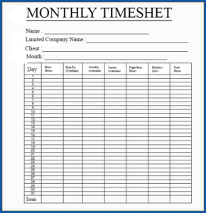 Free Printable Monthly Employee Timesheet Template