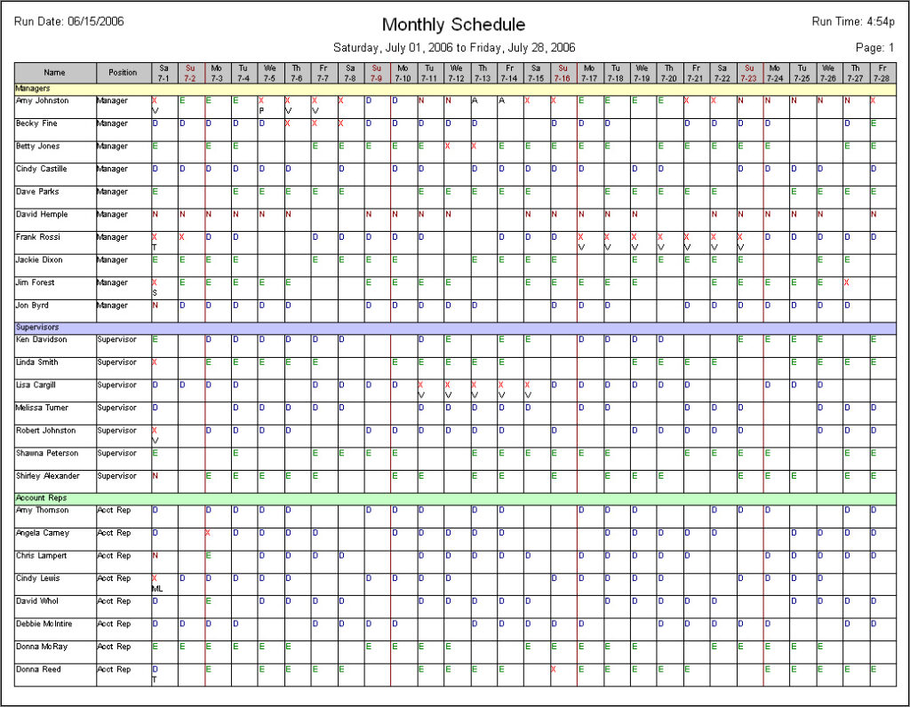 Monthly Staff Schedule Template