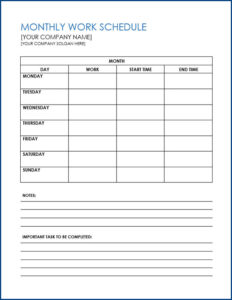 Monthly Work Schedule Template (Free Printable)