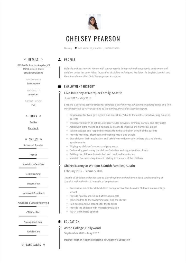Free Printable Nanny Resume Template